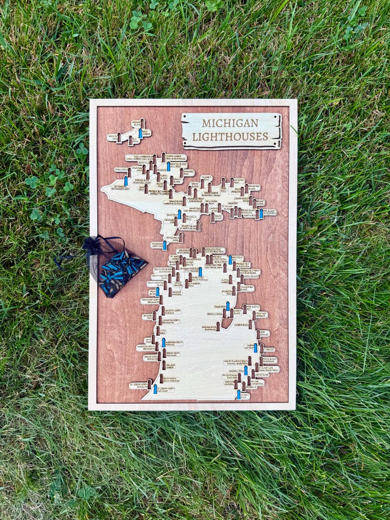 Michigan Lighthouses Travel Tracker Map, Personalized Michigan Travel ...