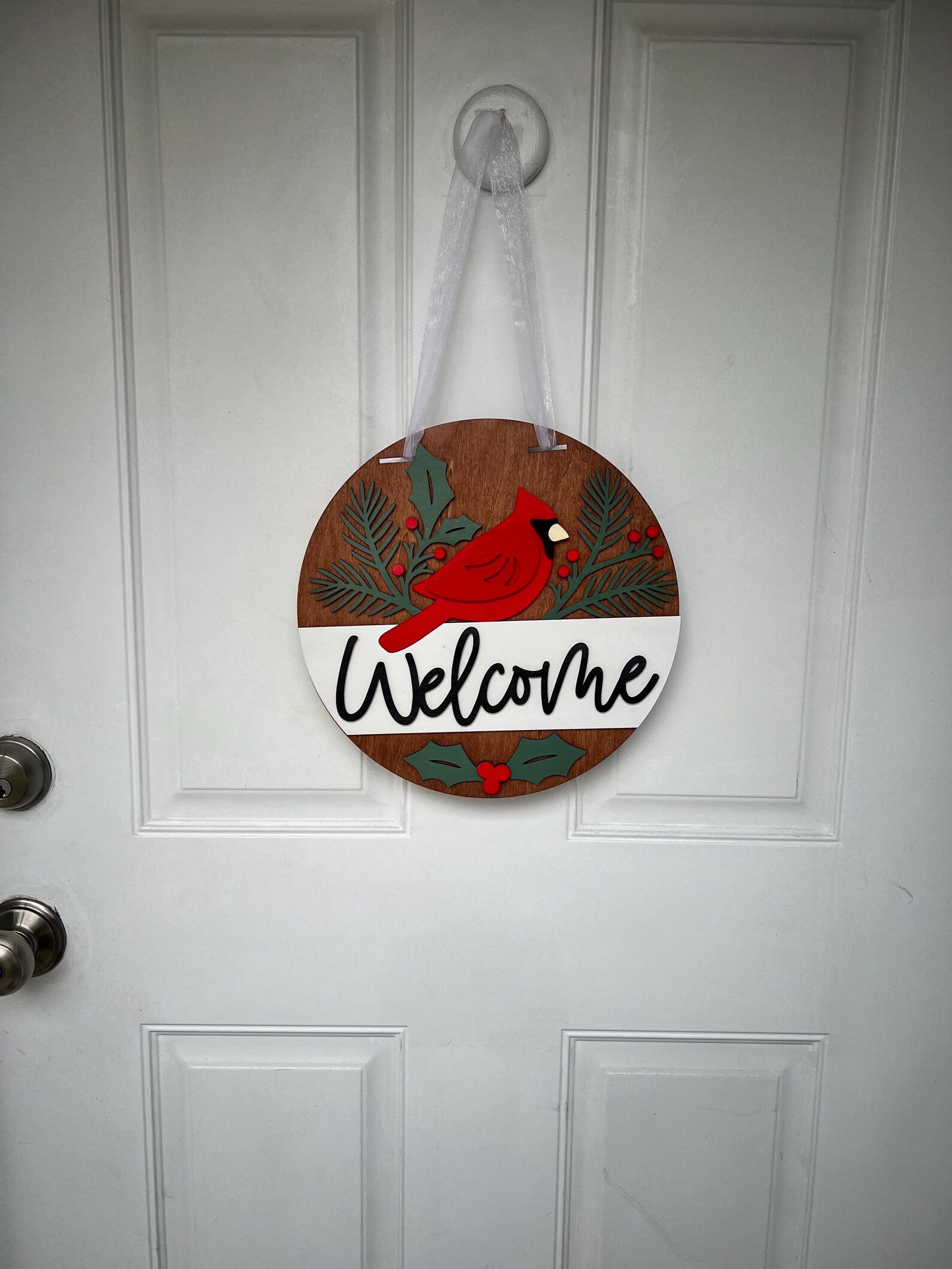 Cardinal Welcome Sign, Wood Round Sign, Front Door Hanger, Bird Lover ...