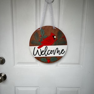 Cardinal Welcome Sign, Wood Round Sign, Front Door Hanger, Bird Lover ...