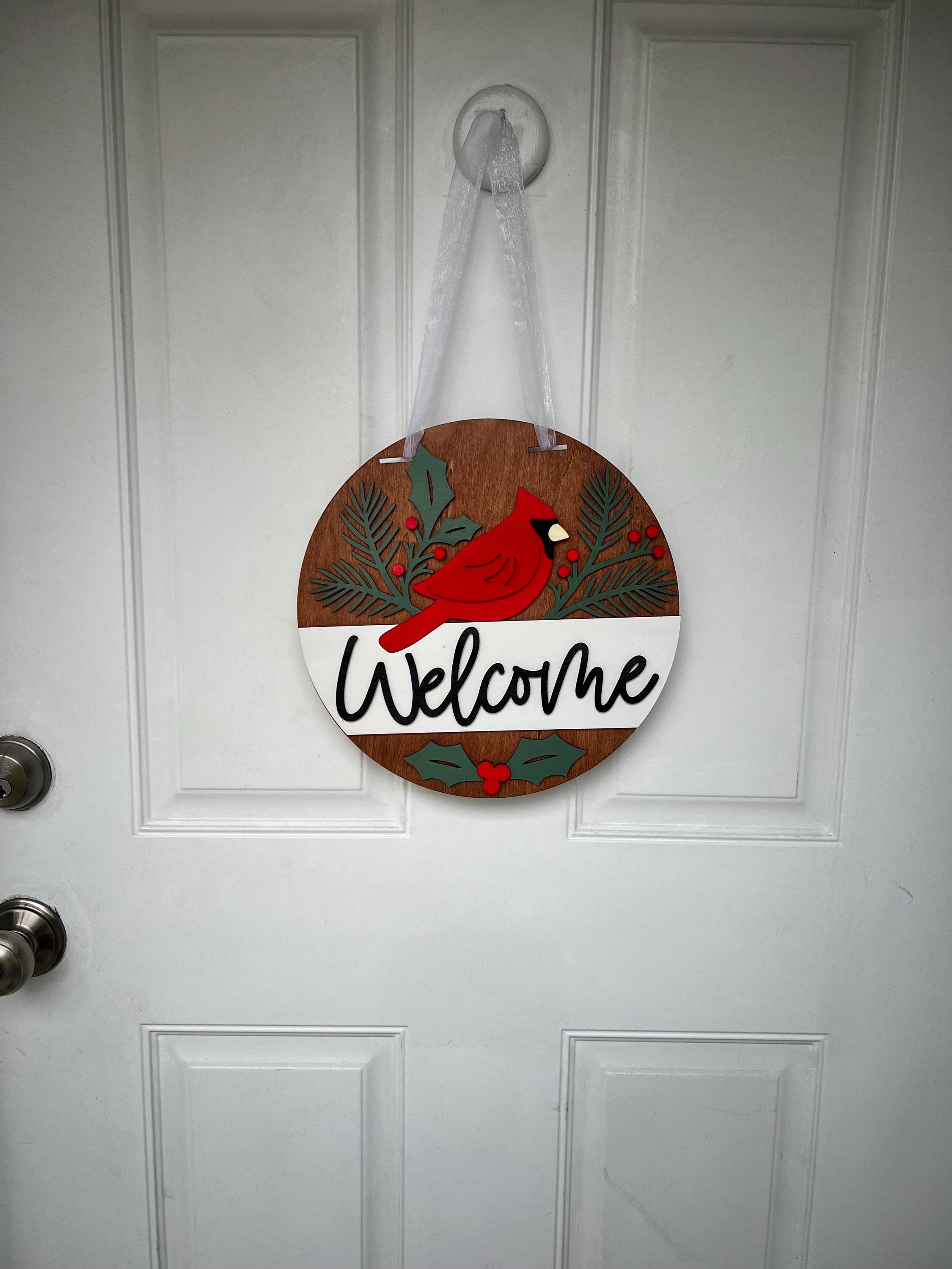Cardinal Welcome Sign, Wood Round Sign, Front Door Hanger, Bird Lover ...