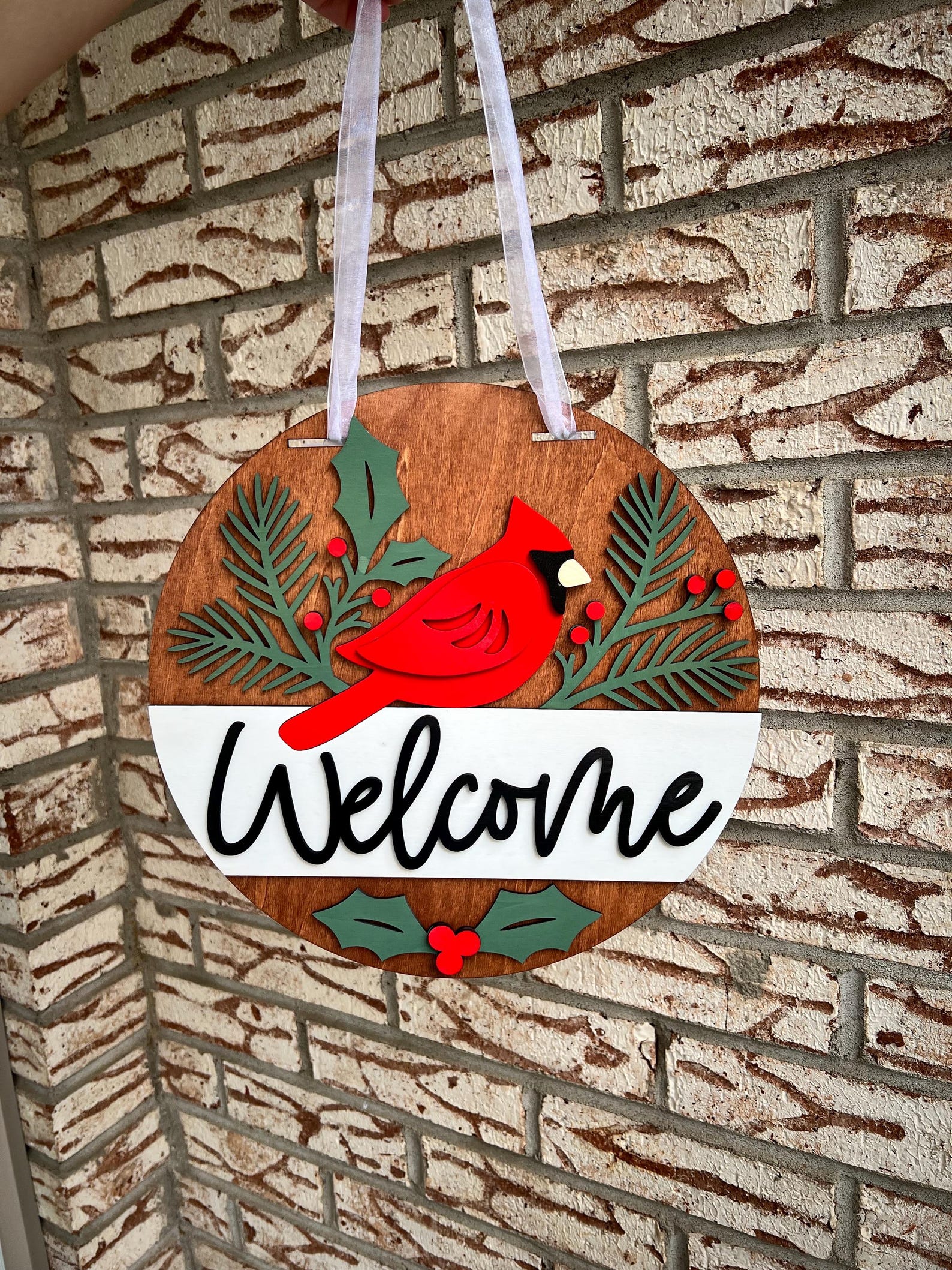 Cardinal Welcome Sign, Wood Round Sign, Front Door Hanger, Bird Lover ...