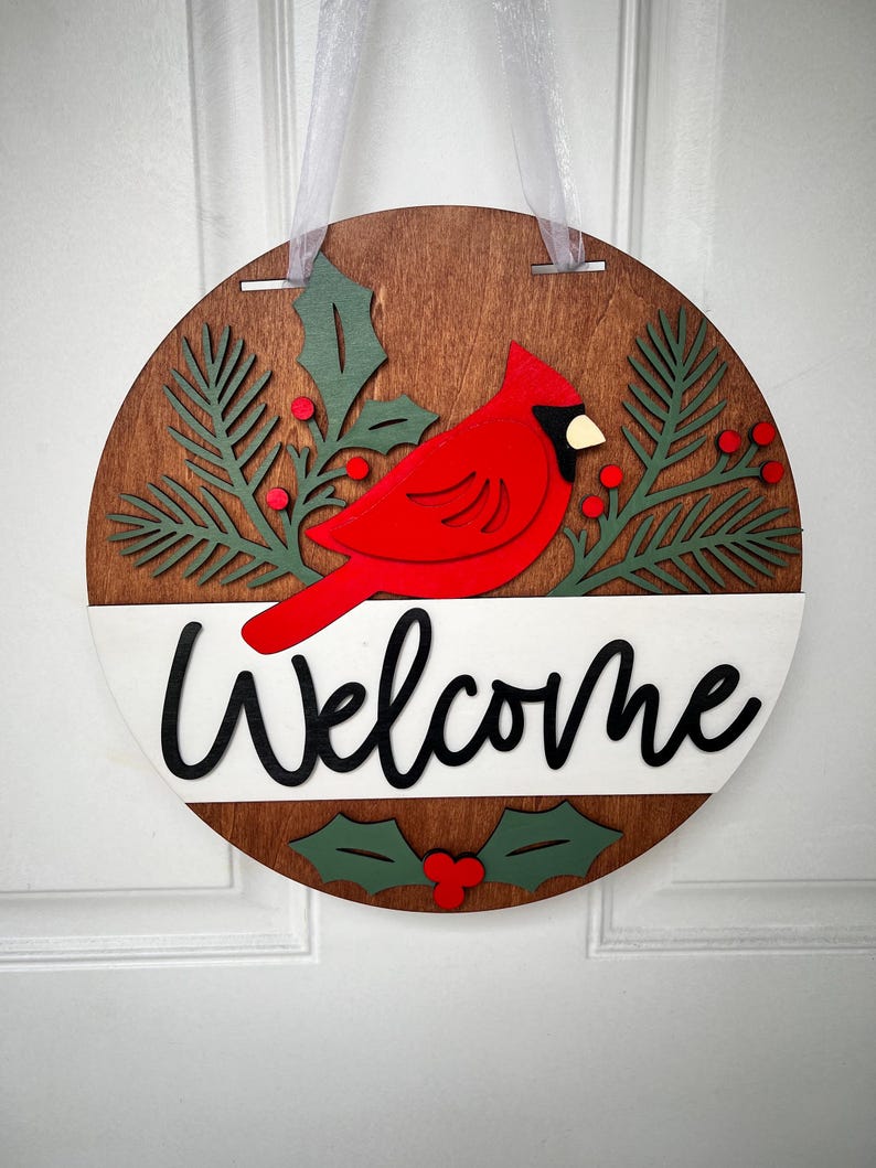 Cardinal Welcome Sign, Wood Round Sign, Front Door Hanger, Bird Lover ...