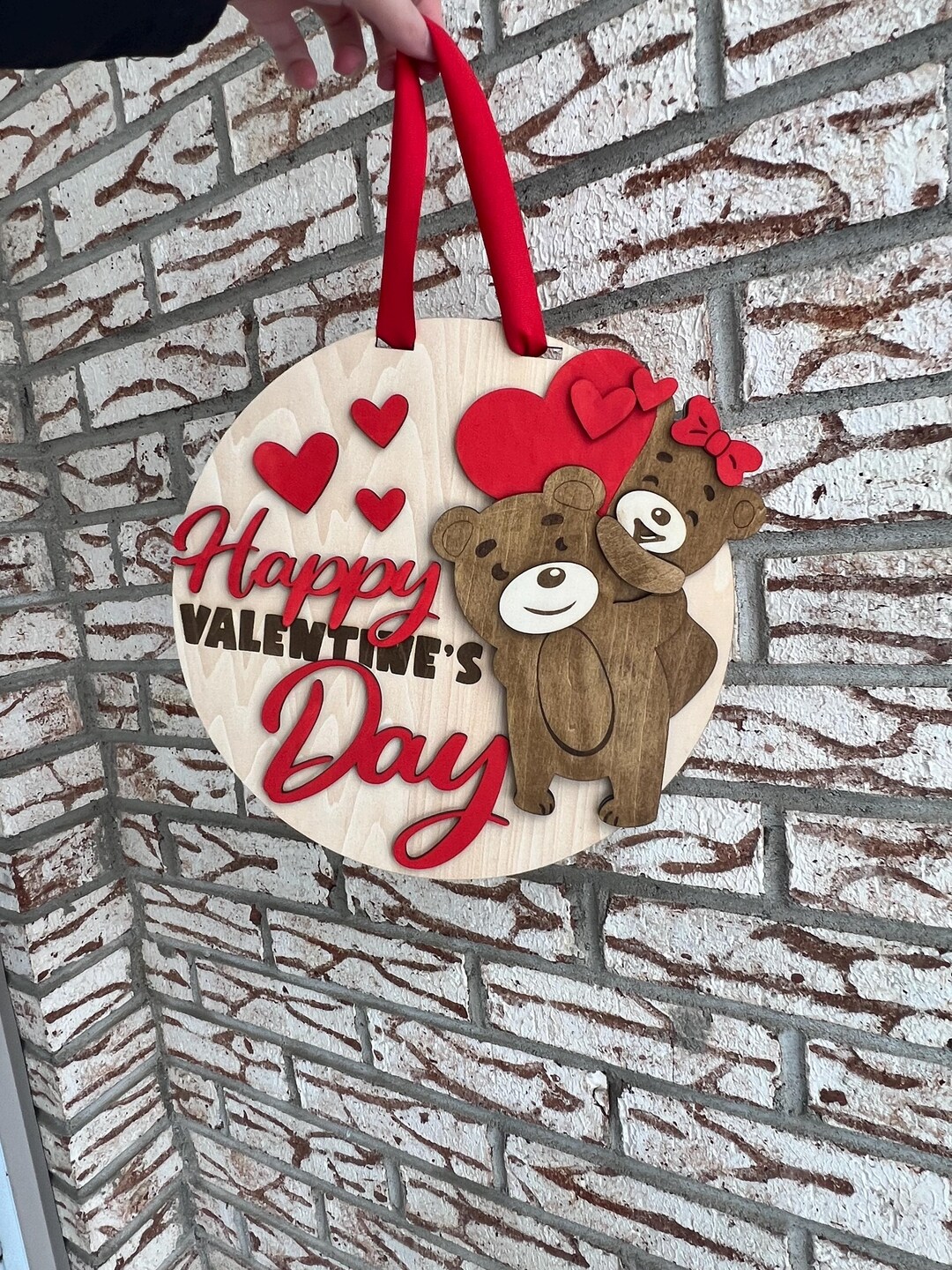 Valentines Day Teddy Bear Door Hanger, Wooden Heart Front Door Signs ...