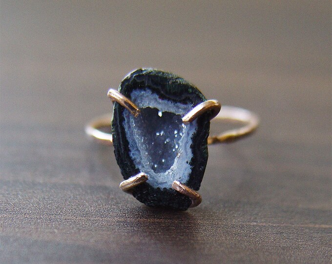 SALE Black Geode Druzy Ring OOAK Gold Filled - Etsy