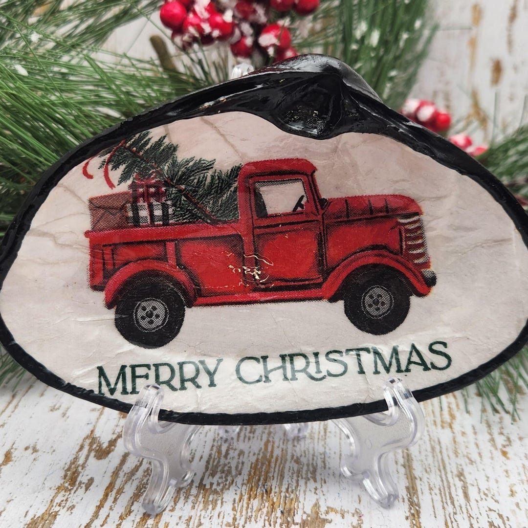 Red Truck Christmas Decoupage Shell Holiday Decor, Iconic Red Truck - Etsy