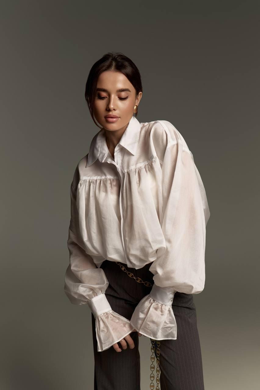 Victorian Sheer Blouse: Voluminous Sleeves, Natural Viscose Fabric ...