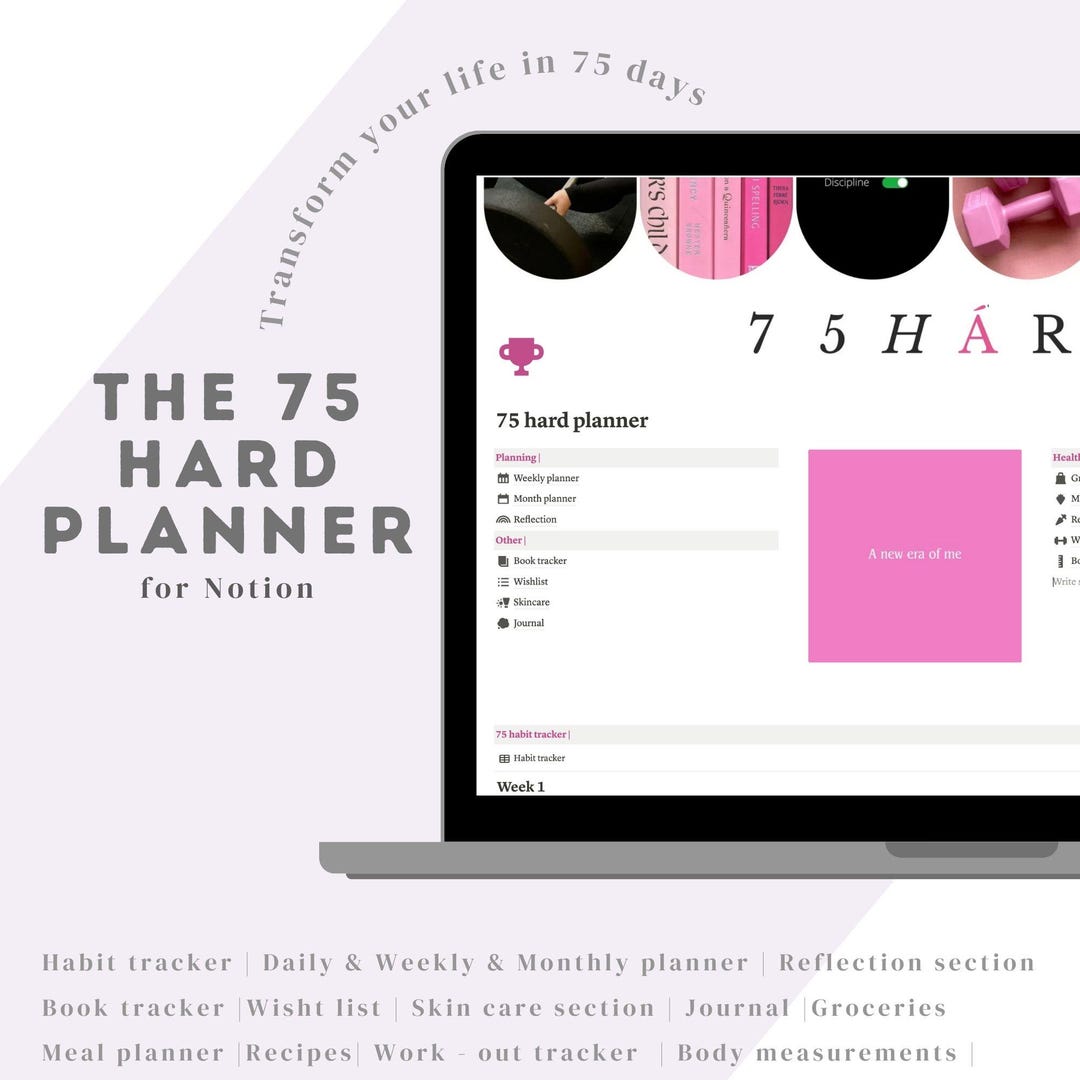 75 Hard Challenge Planner Notion Editable Fitness Planner Template ...