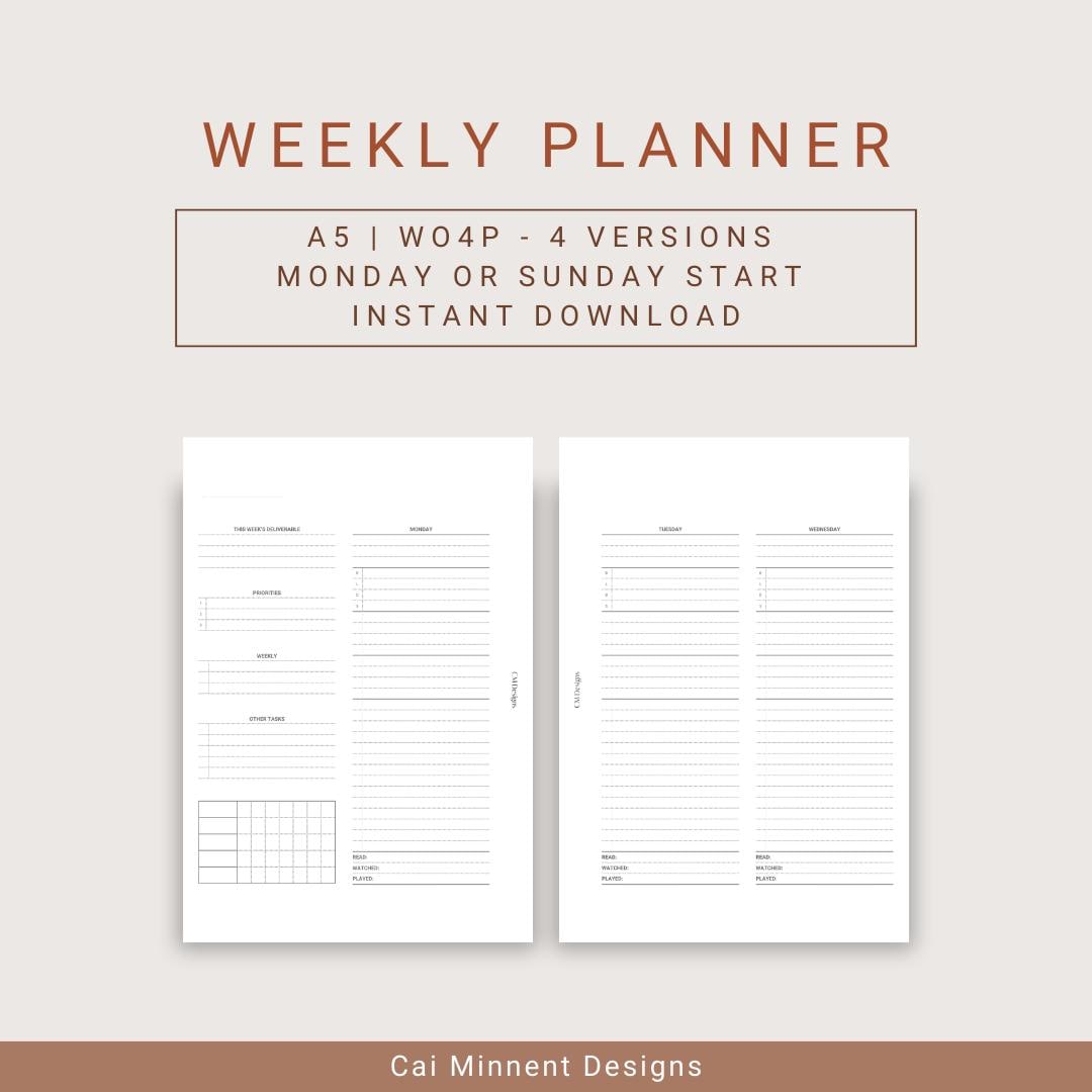 Digital Weekly Planner Printable – Week on 4 Pages, Monday/sunday Start ...