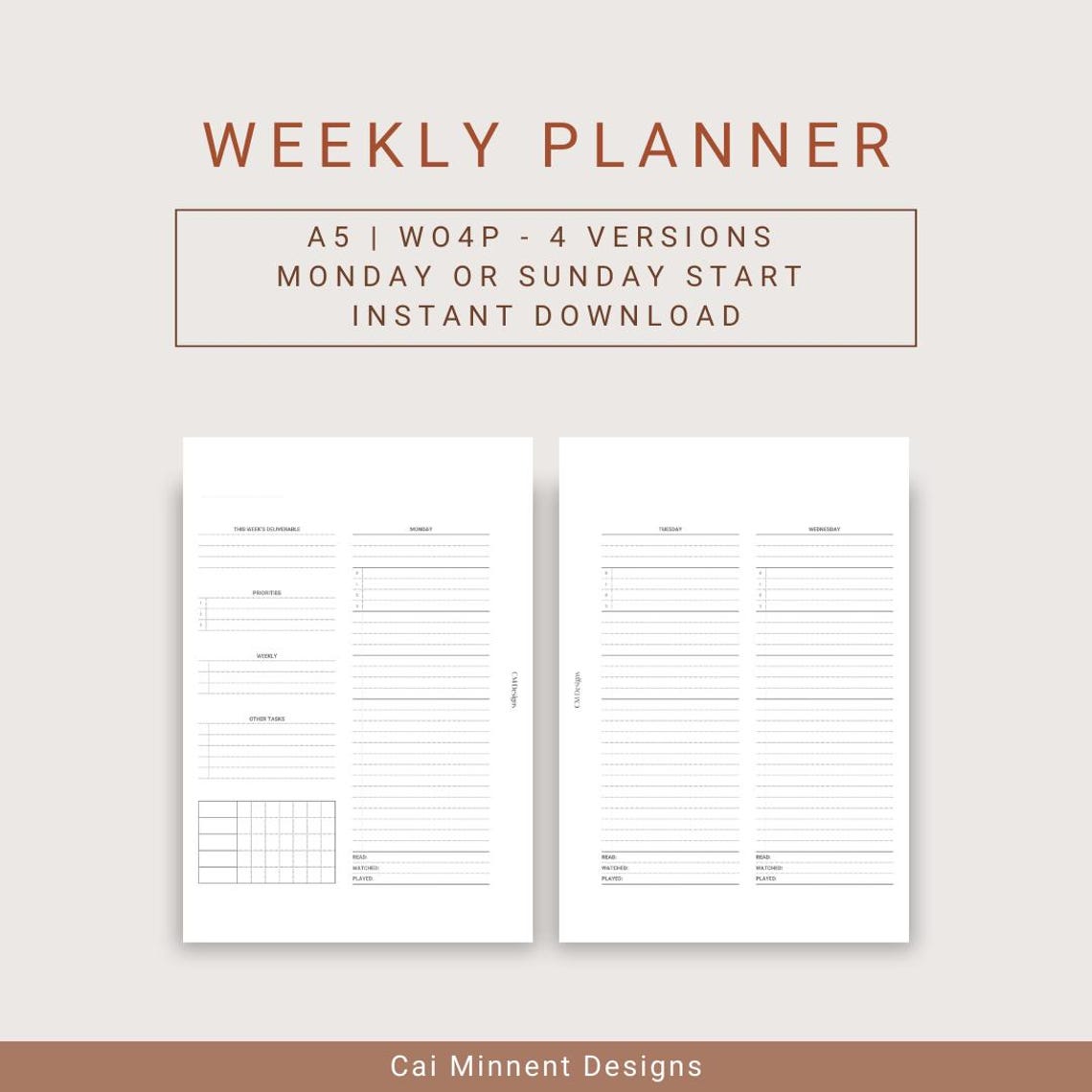 Digital Weekly Planner Printable – Week on 4 Pages, Monday/sunday Start ...