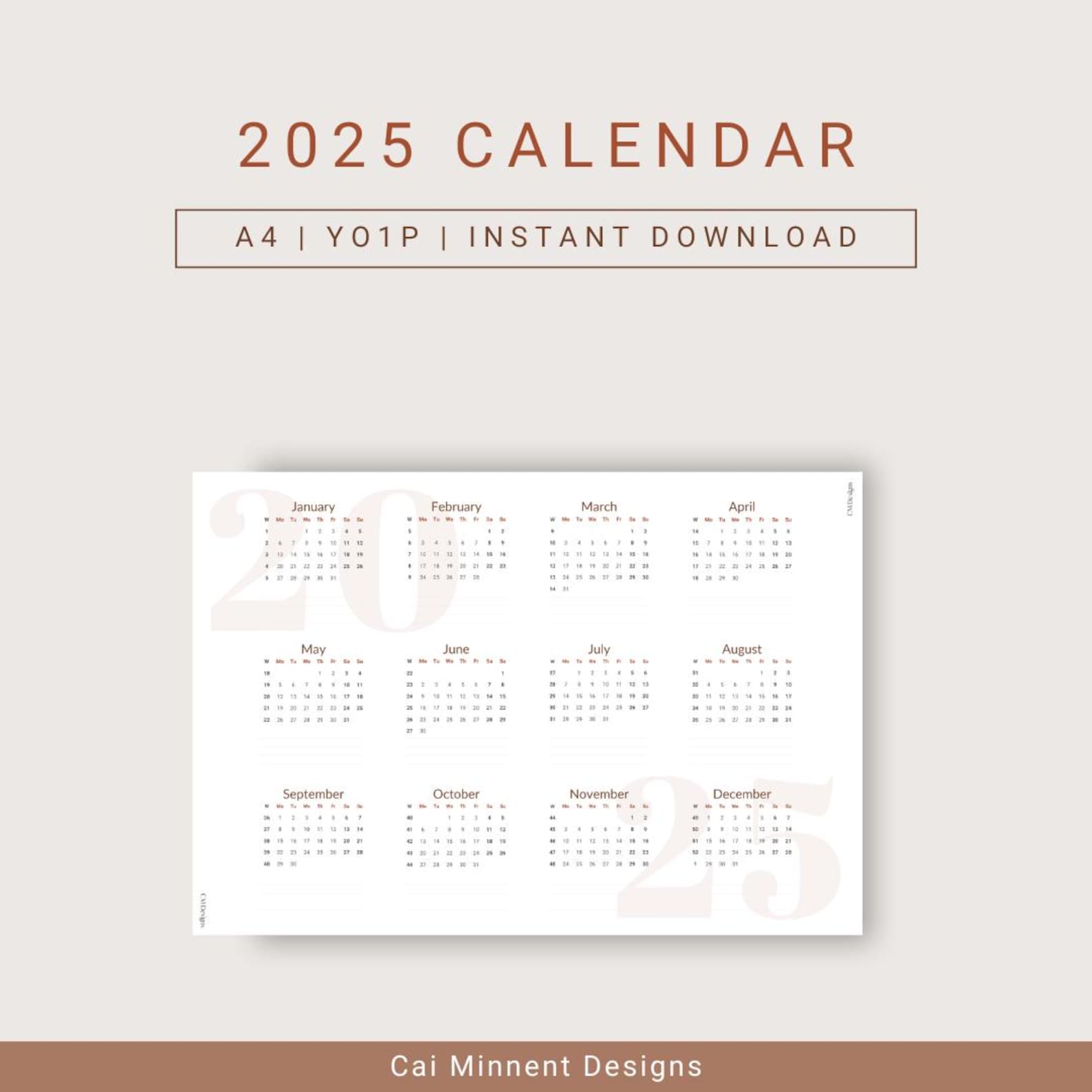 2025 Minimalist Yearly Overview Calendar With Week Numbers | Monday ...