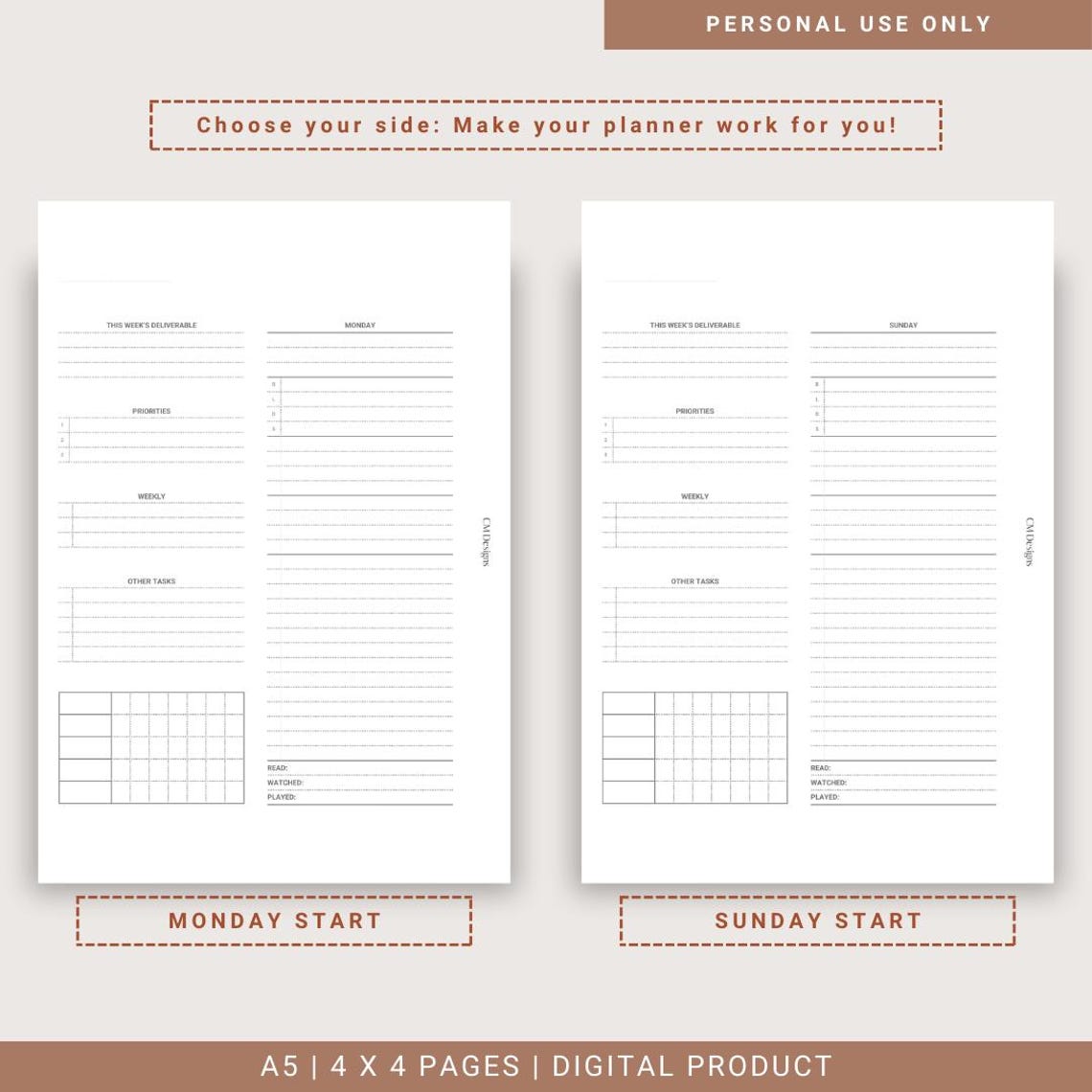 Digital Weekly Planner Printable – Week on 4 Pages, Monday/sunday Start ...