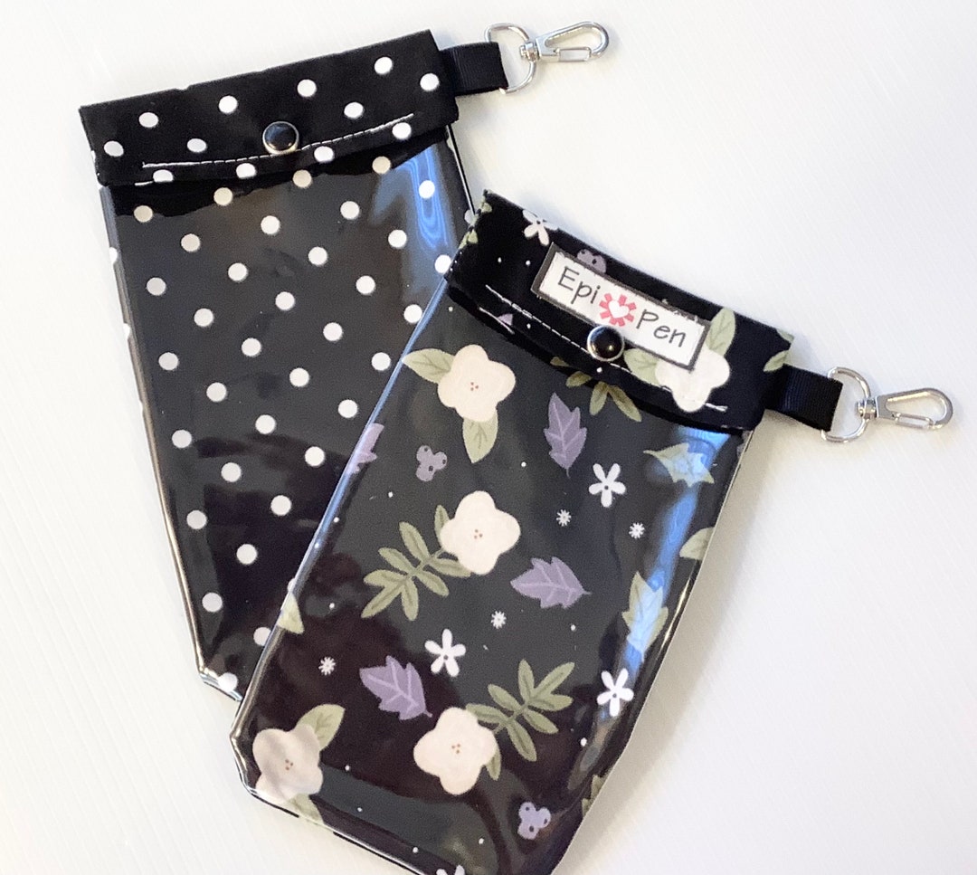Black Floral or Polka Dot Epipen Carrier Clear Pocket and Clip Holds 1 ...