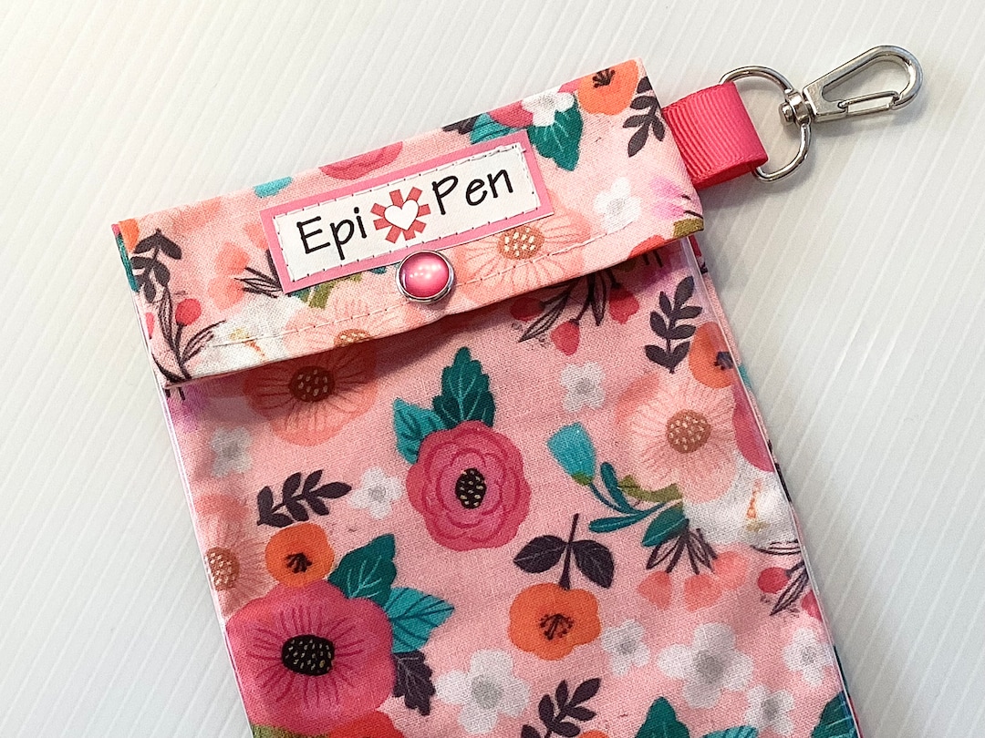 Pink Floral Epipen Holder With Clear Pocket & Clip for 1-2 Allergy ...