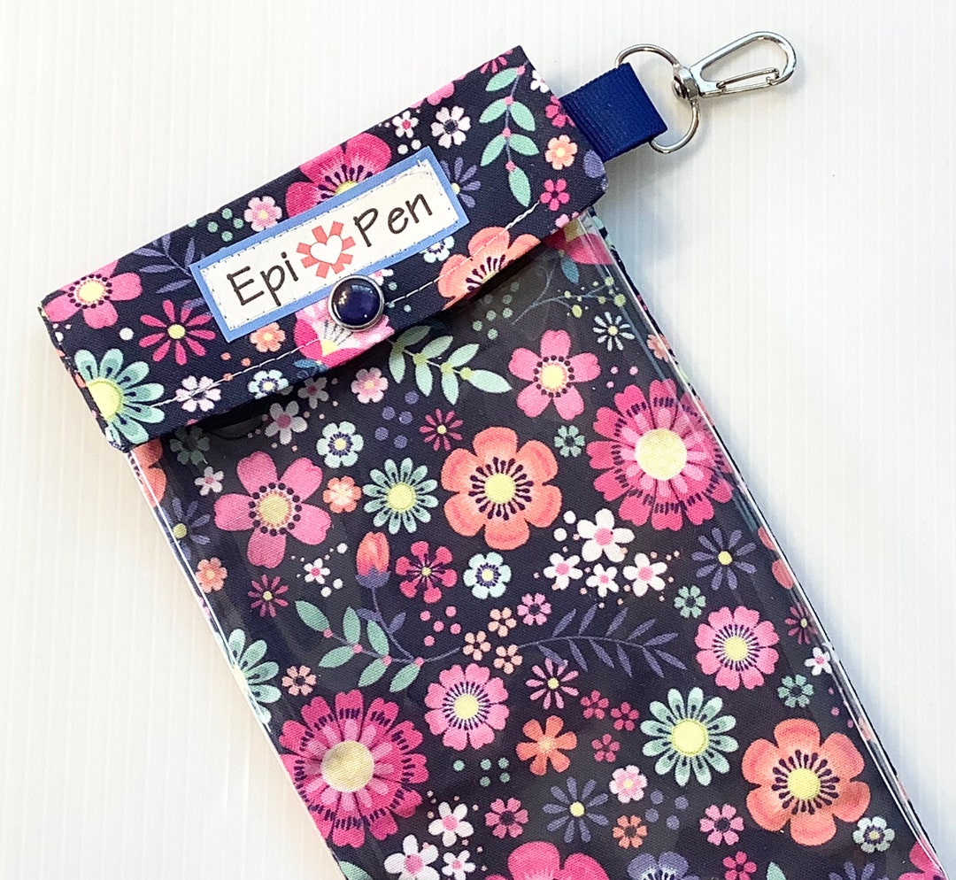 Navy Blue Floral Epipen Carrier Clear Pocket Holds 1-2 Allergy ...