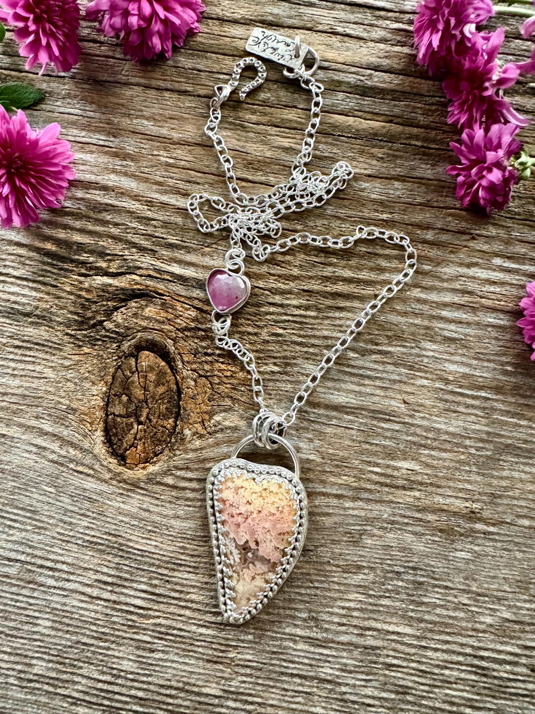 Gemstone and Silver Necklace, Feather Ridge Plume Agate, Pink Sapphire ...