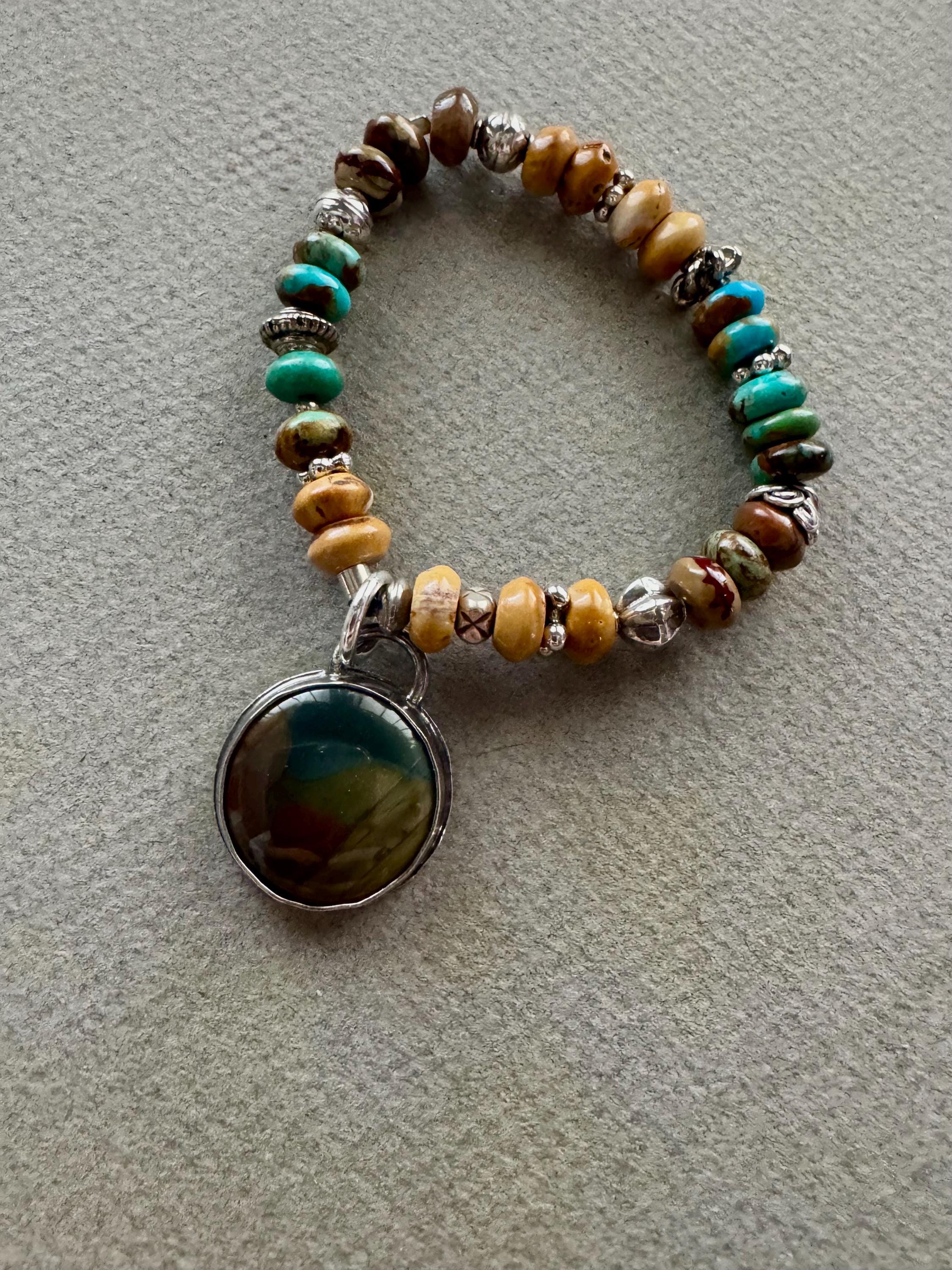 Kingman Turquoise & Jasper Gemstone Bracelet With Silver Pendant - Etsy