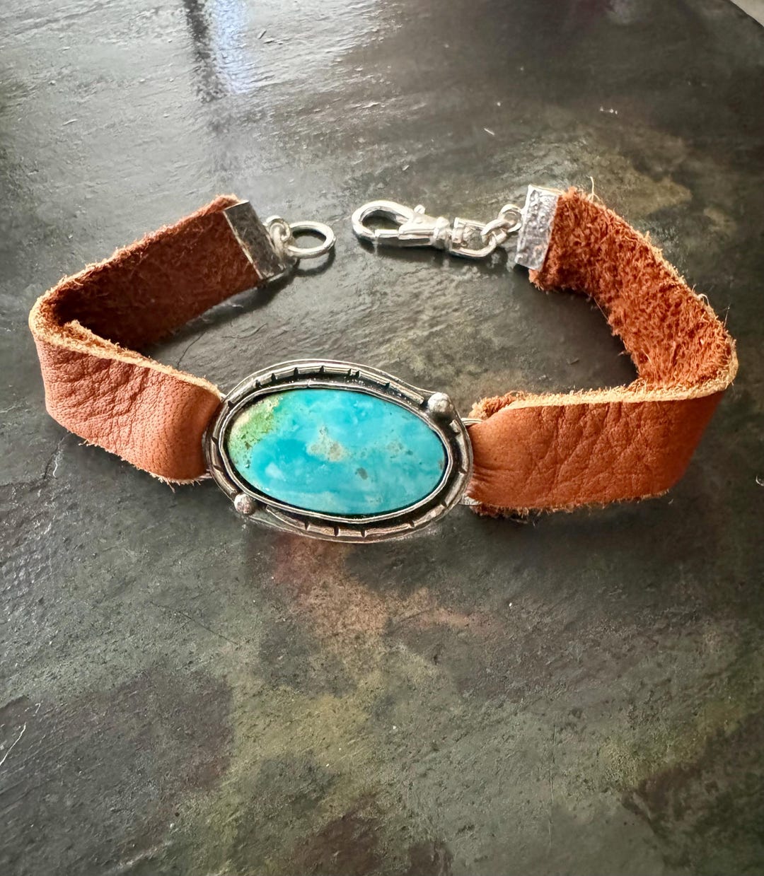 Kingman Turquoise / Sterling Silver, Leather Bracelet / Artisan Silver End Caps / Artisan ...