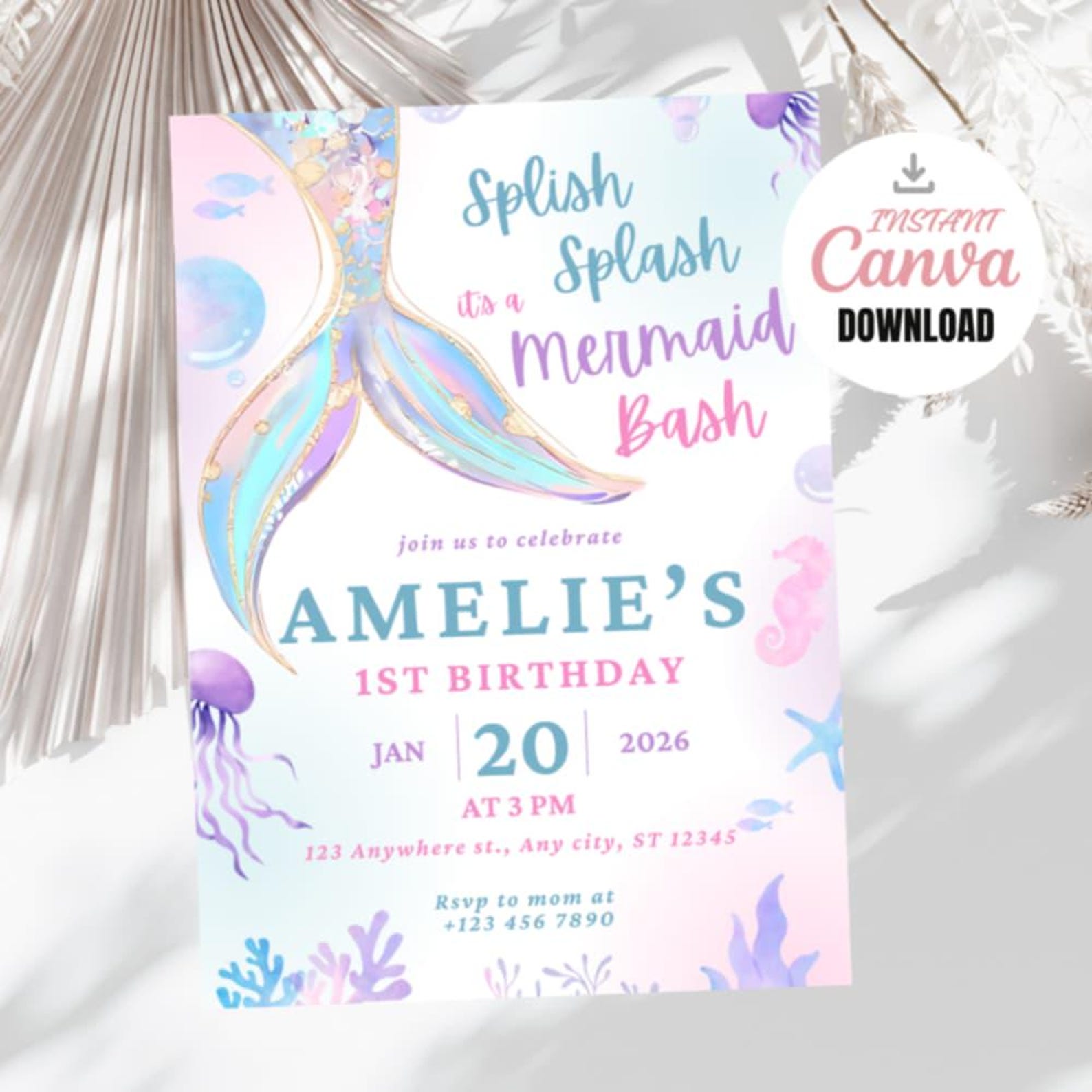 Sparkle Mermaid Party Invitation, Pool Girl Birthday Invite, Under the ...