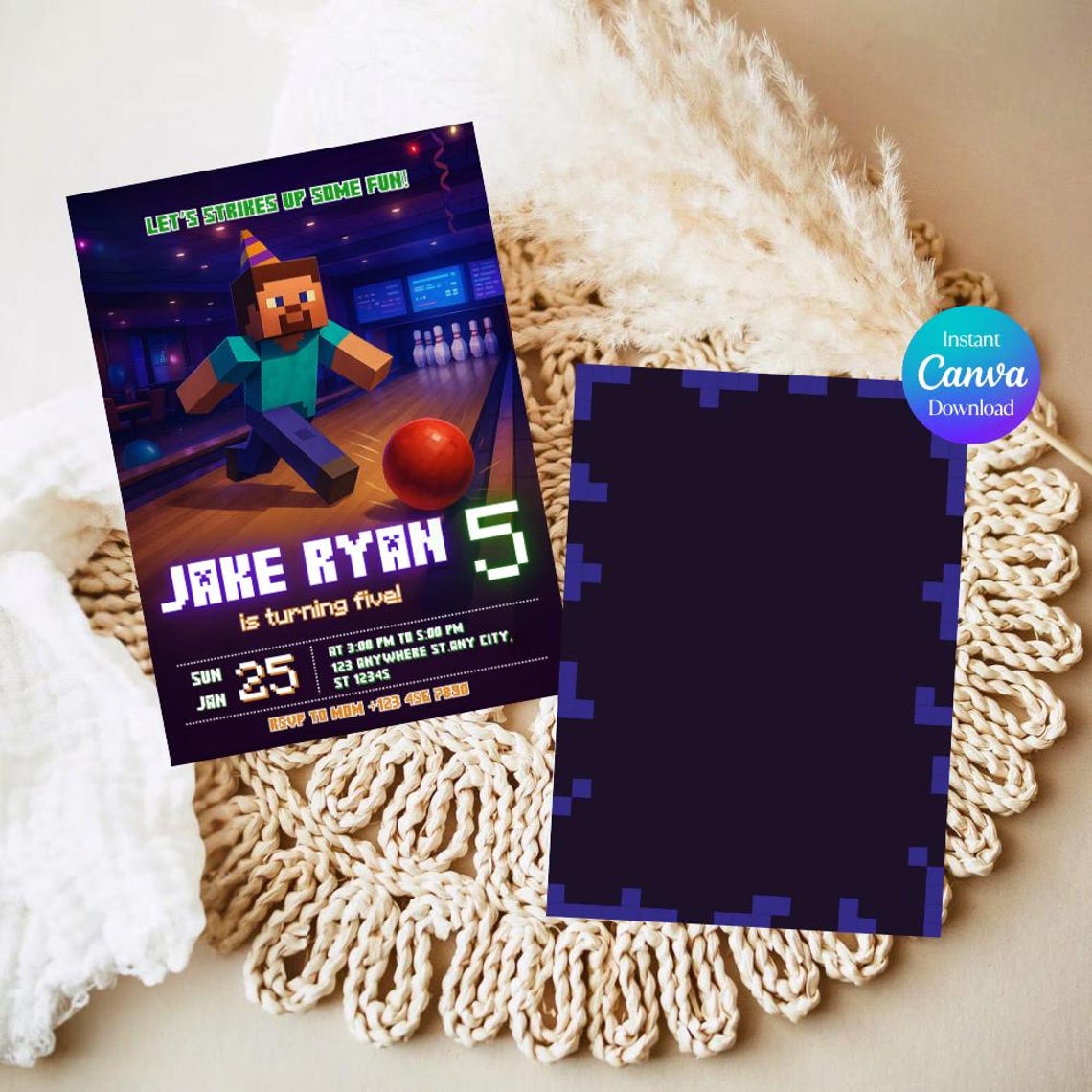 Bowling Party Invitation, Pixel Game Block Party Invitation, Boy Invite ...