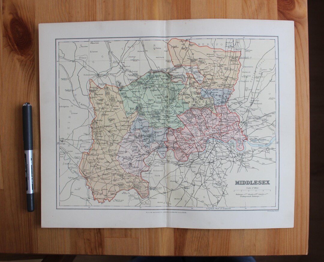 Vintage Map of London historic Middlesex County, Original 1895 Print - Etsy