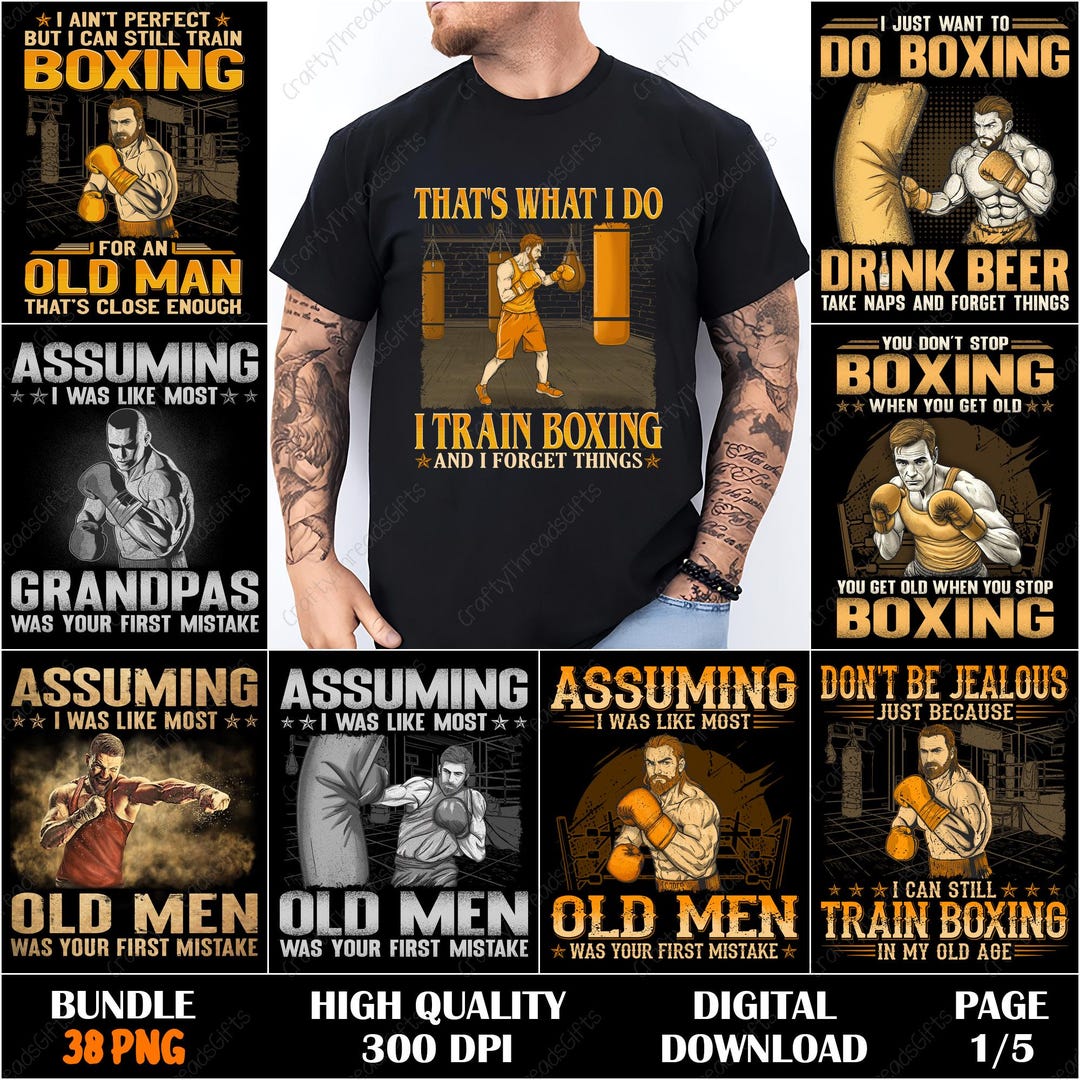 Boxing PNG Bundle, Old Man Boxer Art, Grandpa Training Print, Funny ...