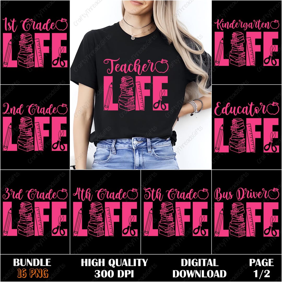 Teacher Life PNG Bundle, Pink School Grade Designs, Kindergarten ...