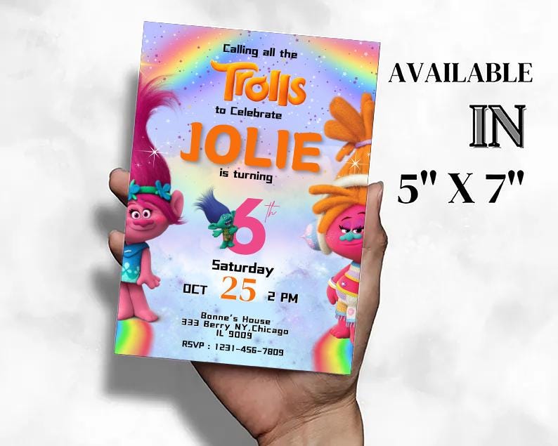 Editable Trolls Birthday Invitation, Trolls Poppy Invite, Poppy Trolls ...