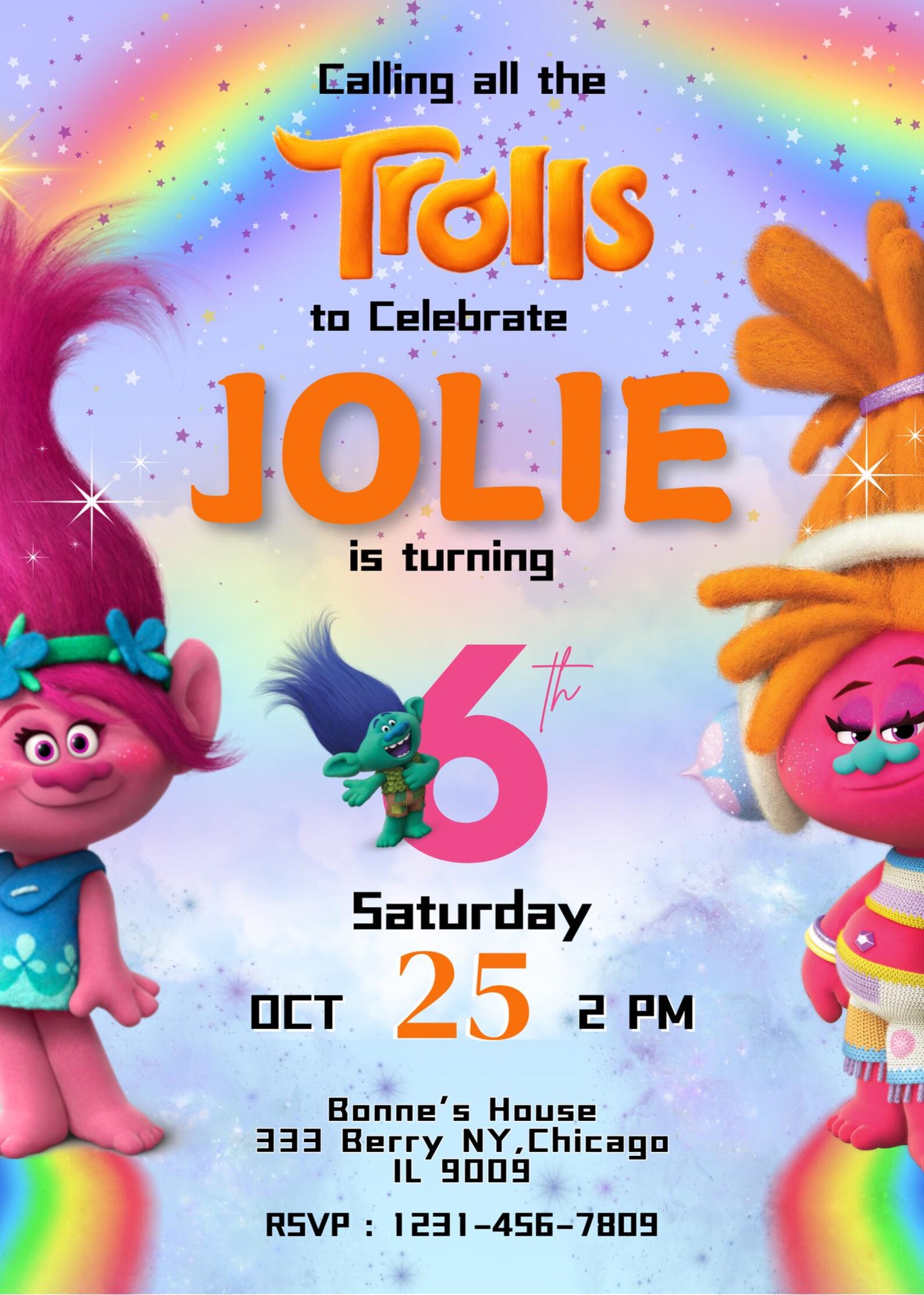 Editable Trolls Birthday Invitation, Trolls Poppy Invite, Poppy Trolls ...