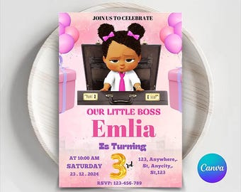 Editable Black Girl Baby Boss Girl Birthday Invitation Boss Baby Party ...