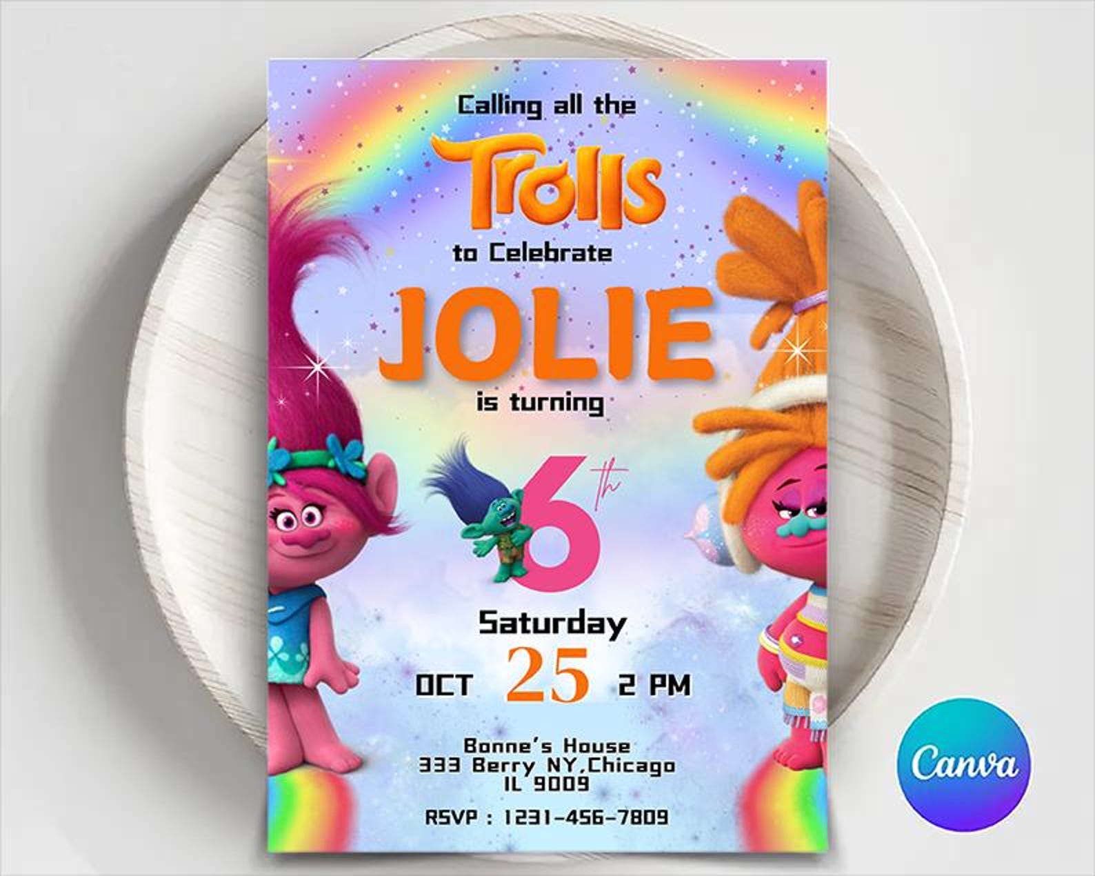 Editable Trolls Birthday Invitation, Trolls Poppy Invite, Poppy Trolls ...