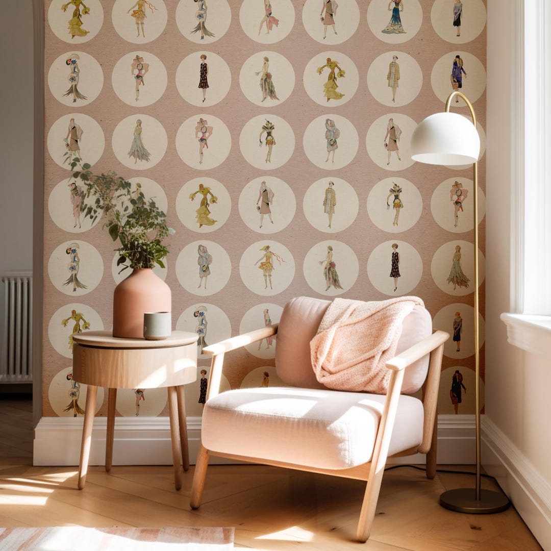 Retro Fashion Models Pink Wallpaper: Vintage Pastel Art Deco Removable ...