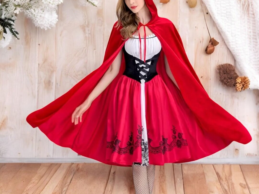 Women's Spooky Red Riding Hood Cosplay Dress Hooded Cape, Long Sleeve ...