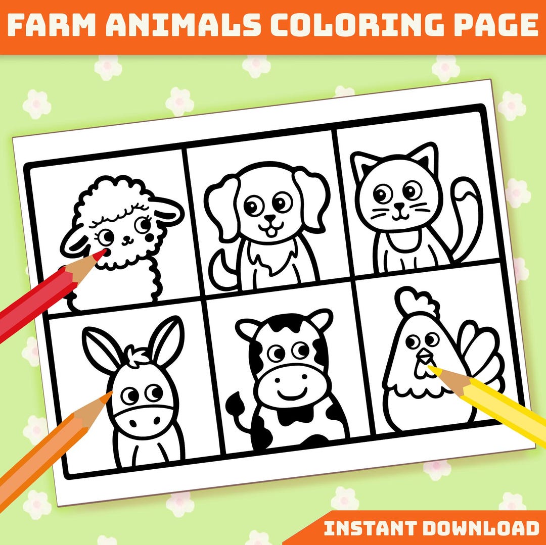 Farm Animals Coloring Page for Kids & Adults Dog Cat Sheep Cow Donkey ...