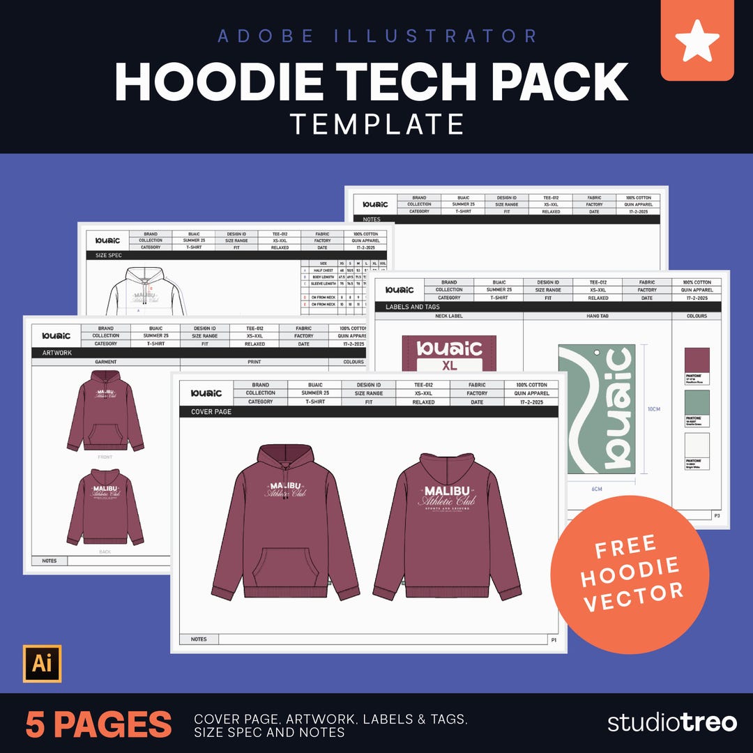 Hoodie Tech Pack Template - Adobe Illustrator - Editable Ai PDF - Etsy