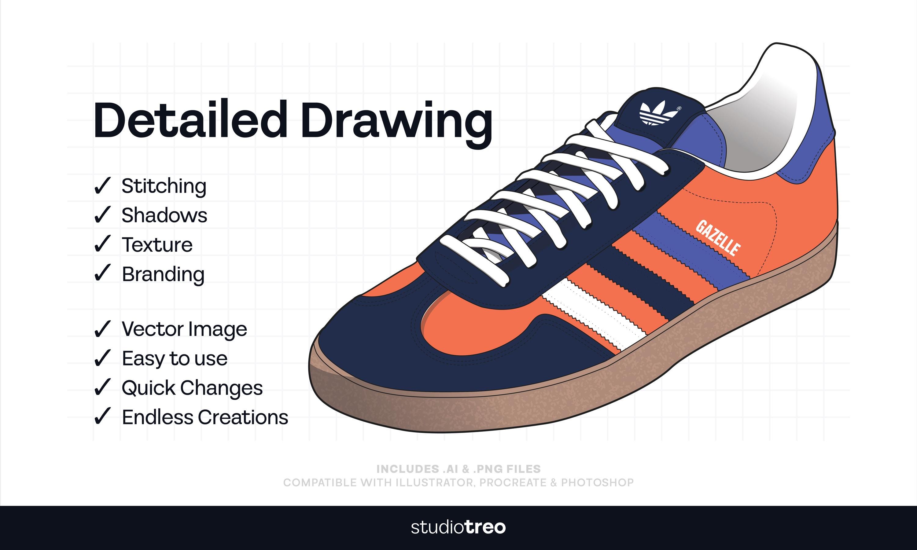 Gazelle Sneaker Vector Mockup up Shoe Flat Tech Drawing Trainer for ...