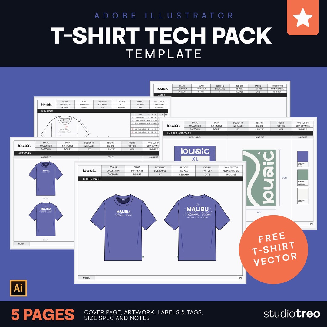 T-shirt Tech Pack Template Adobe Illustrator Editable Ai PDF - Etsy Ireland