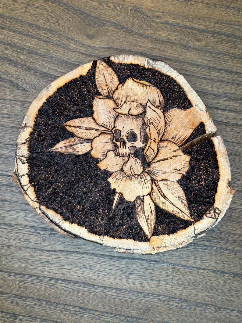 Wood Burned Skull With Flower - Etsy