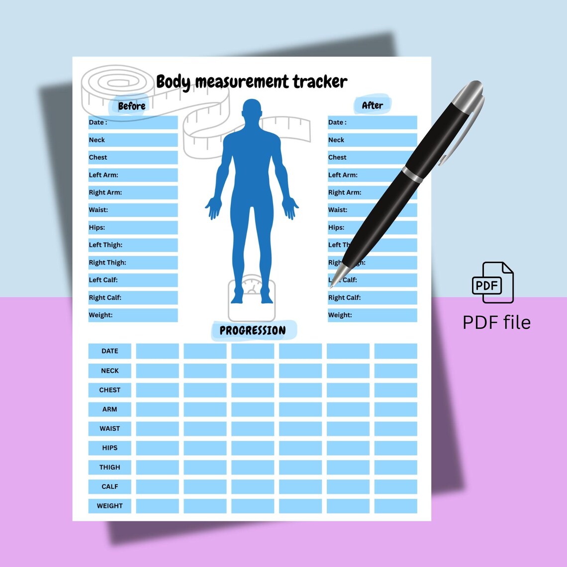 Printable Body Measurement Tracker: Weight Loss Progress Chart , Body ...