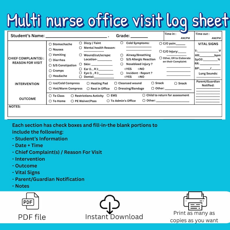 School Nurse Visit Log ,printable Health Office Charting Sheet ...