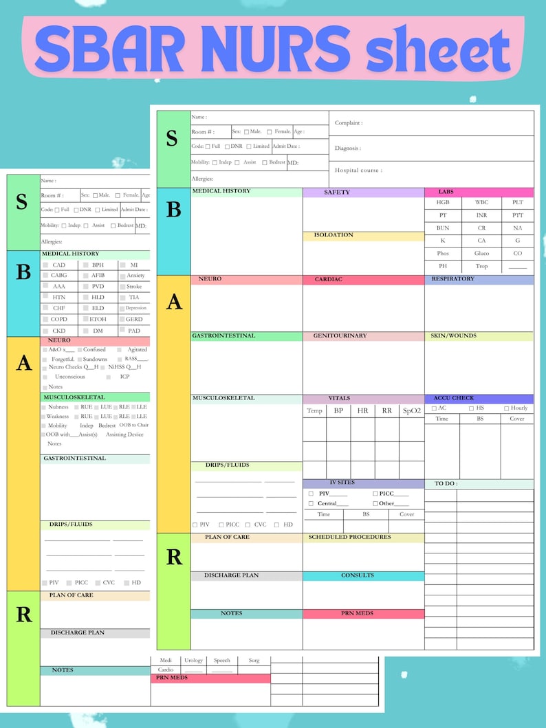 Comprehensive SBAR Nurse Report Sheet for Med-surg & ICU Rns Includes ...