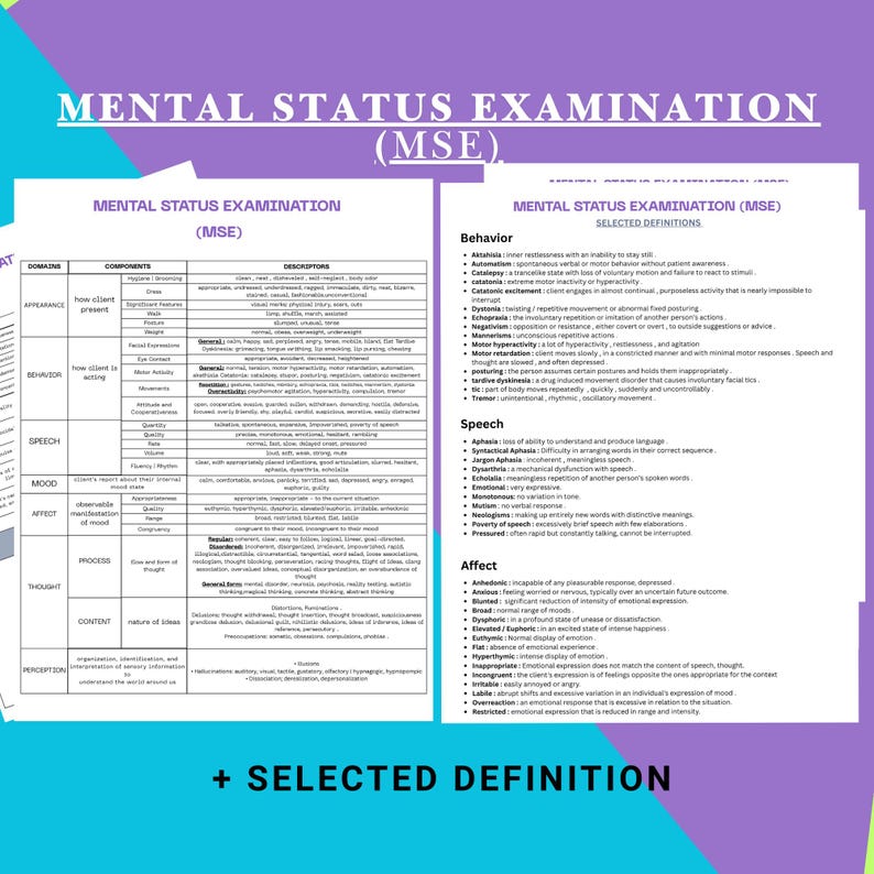 Mental Status Examination (MSE) | Complete Word Reference & Selected Definitions | Printable ...
