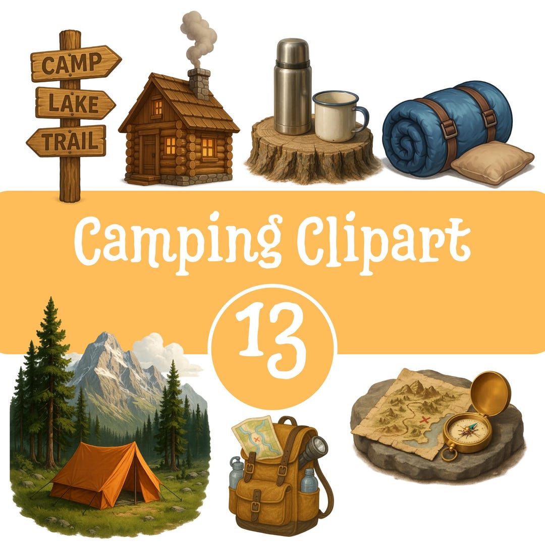Camping Clipart Bundle, 13 PNG Images, Outdoor Adventure Clip Art ...