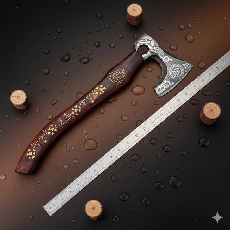 Hand Forged Viking Axe | Gold Inlay Handle & Engraved Head | Norse Mythology Gift | Bearded Axe ...