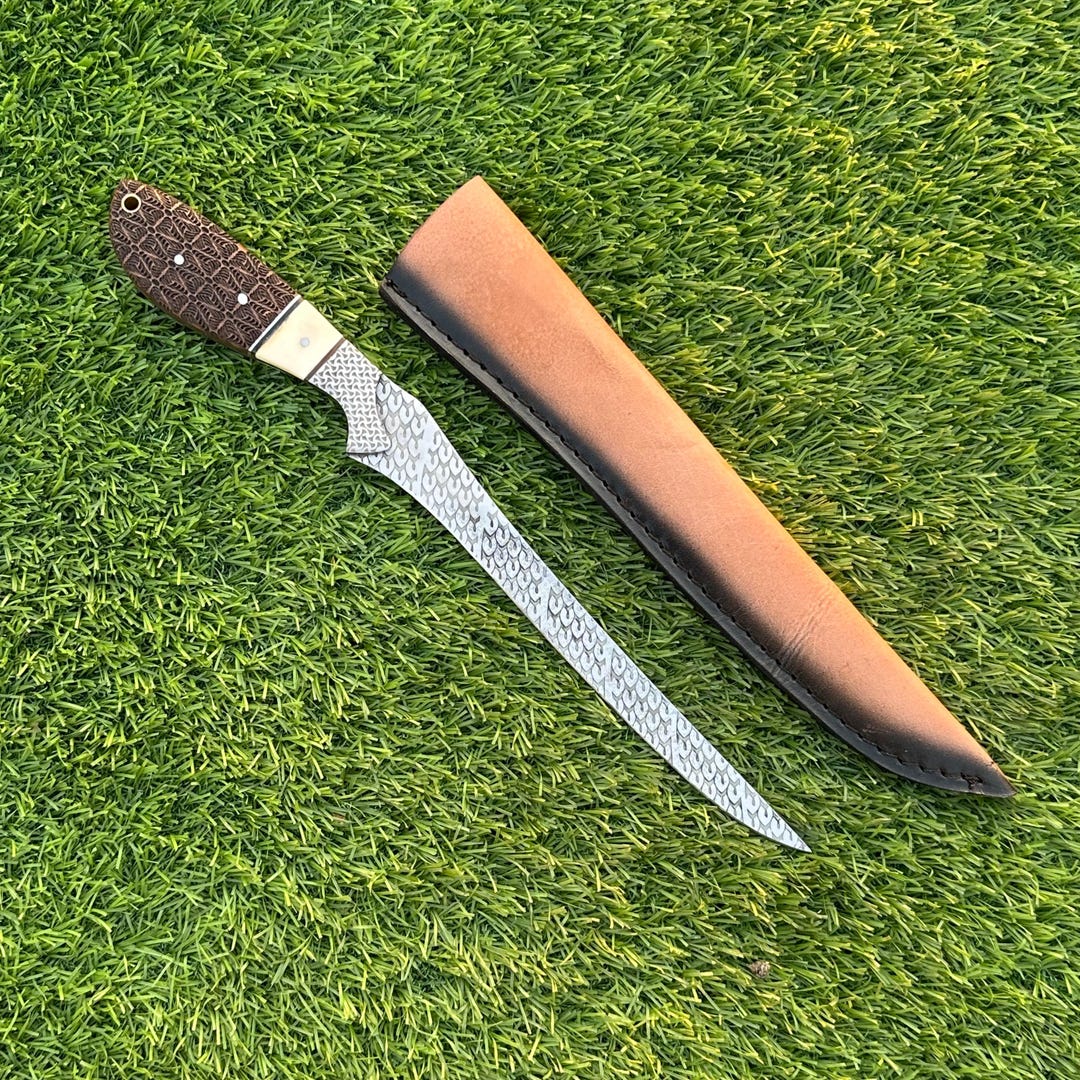 Custom 13" Fillet Knife With J2 Steel Etched Blade, Rosewood Camel Bone ...