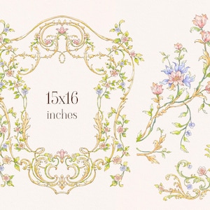 Rococo Grace PNG Watercolor Vintage Golden Borders, Floral Crest ...