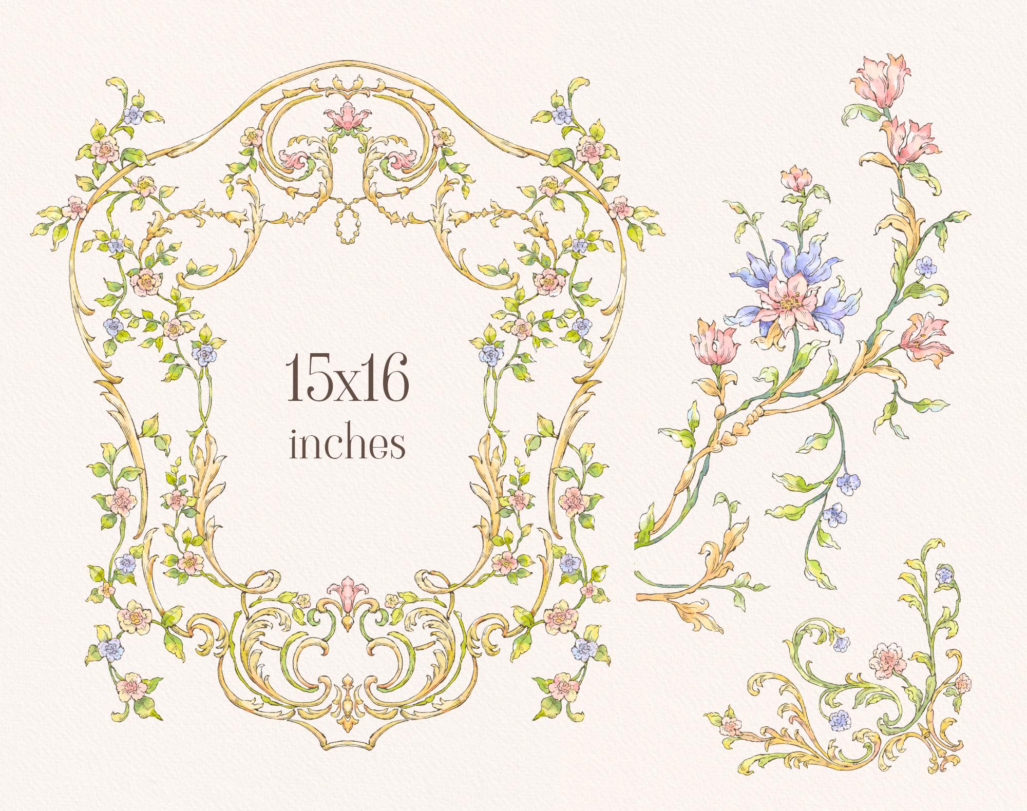 Rococo Grace PNG Watercolor Vintage Golden Borders, Floral Crest ...
