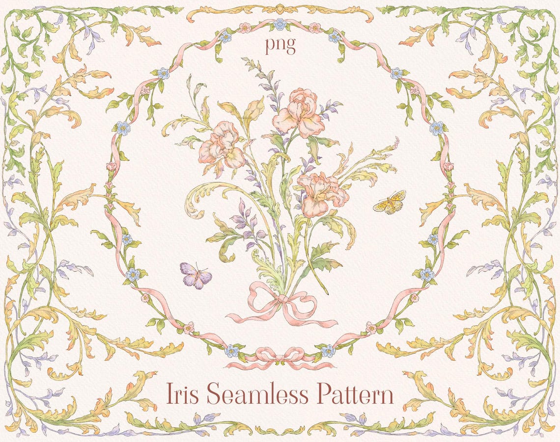 Iris Seamless Pattern, Floral Border, Summer Watercolor Flower ...