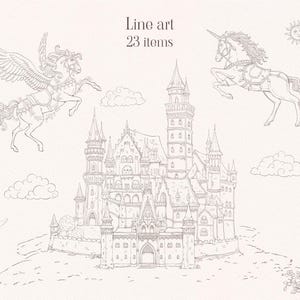 Watercolor Castle Clipart: Princess, Unicorn, Pegasus (digital Download ...