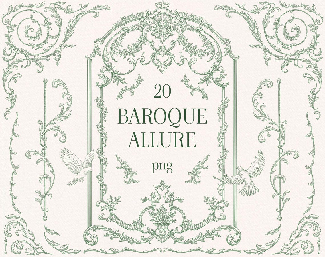 Baroque Allure PNG Green Line Art Frames, Vintage Borders, Graphic Clip ...