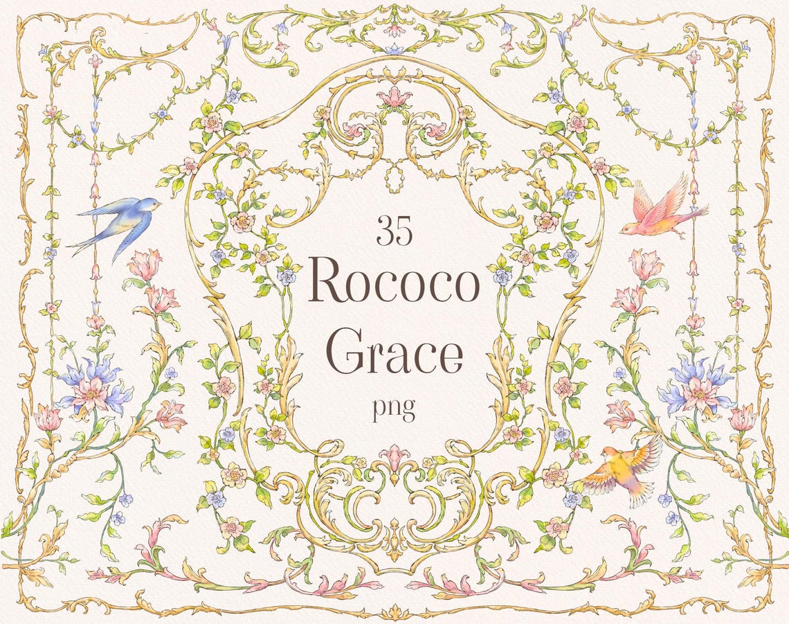 Rococo Grace PNG Watercolor Vintage Golden Borders, Floral Crest ...